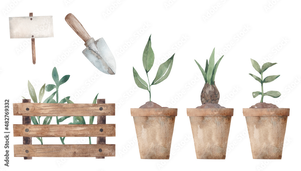 Garden tools clipart watercolor, gardening time set, plants in pots ...