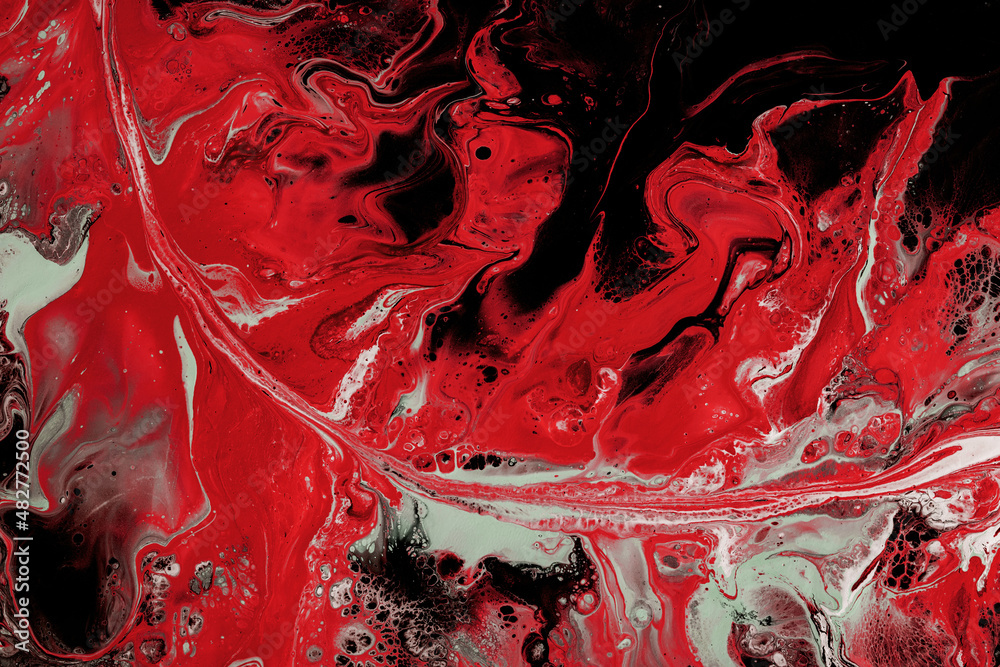 Abstract red fluid art with silver on a black background, smooth ...
