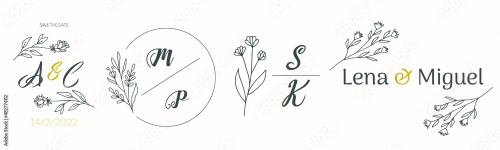 continuous lines flower flora logo wedding greeting card bride groom ...