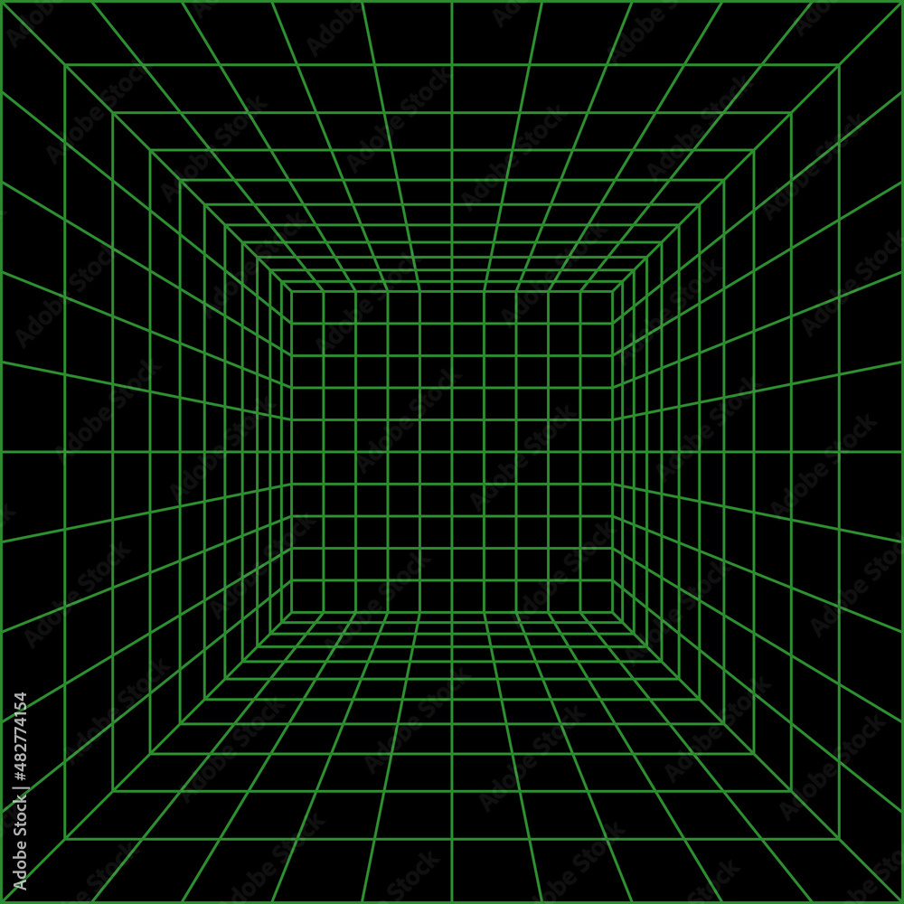 Wireframe perspective cube. 3d wireframe grid room. 3d perspective ...