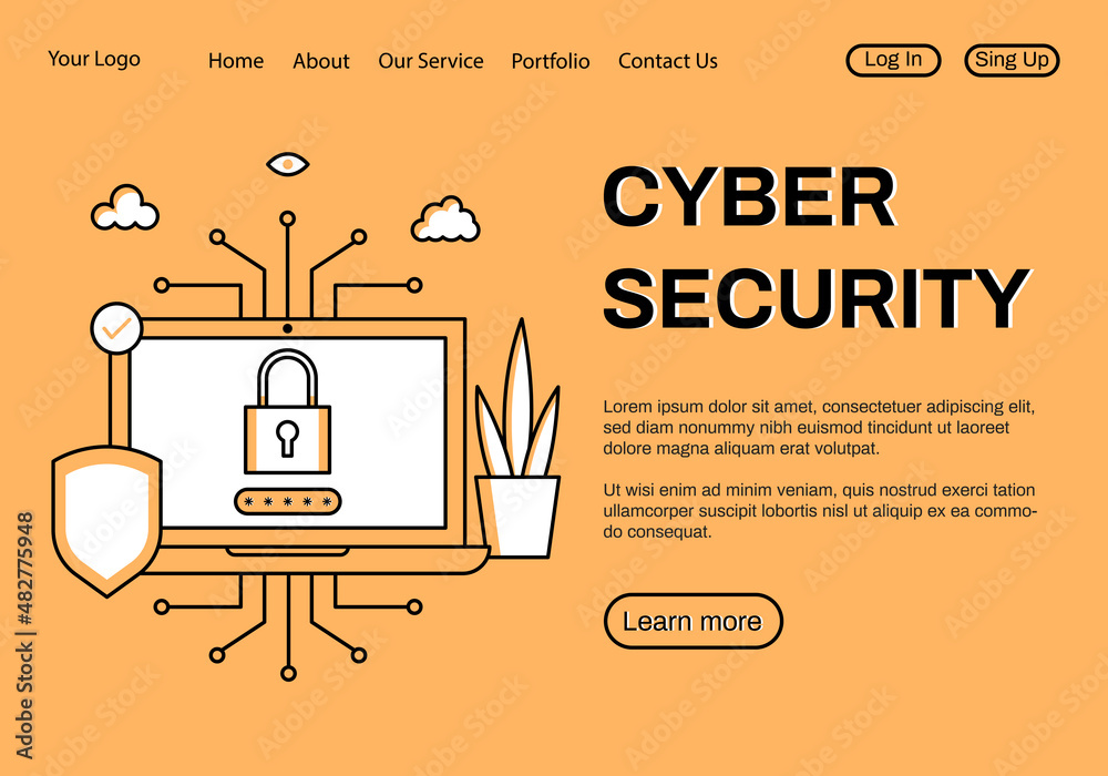 Cyber security landing page templates in line art. Antivirus for ...