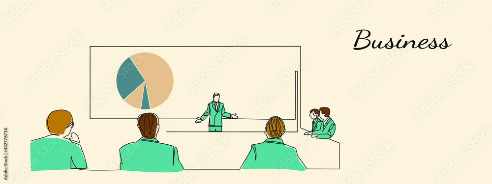 continuous line drawing of a business presentation during a team ...