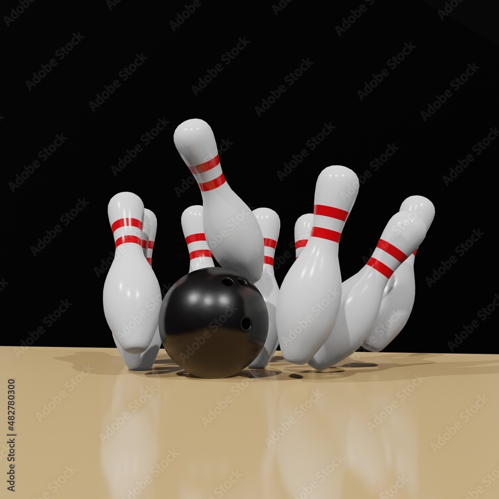 Realistic Bowling Ball Smash Pin Strike 3d Rendering Black Background