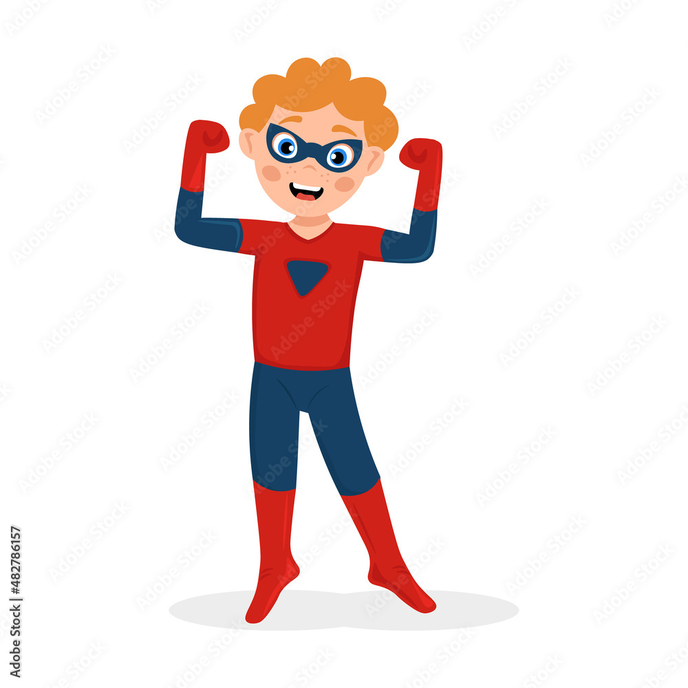 Boy wearing colorful superhero costume isolated on white background ...