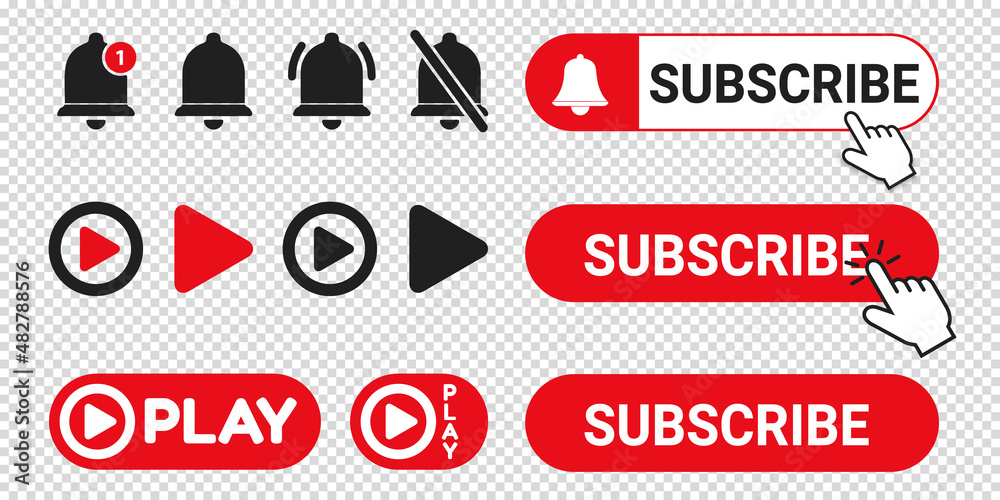 Subscribe, Notification And Play Button Set - Vector Illustrations ...