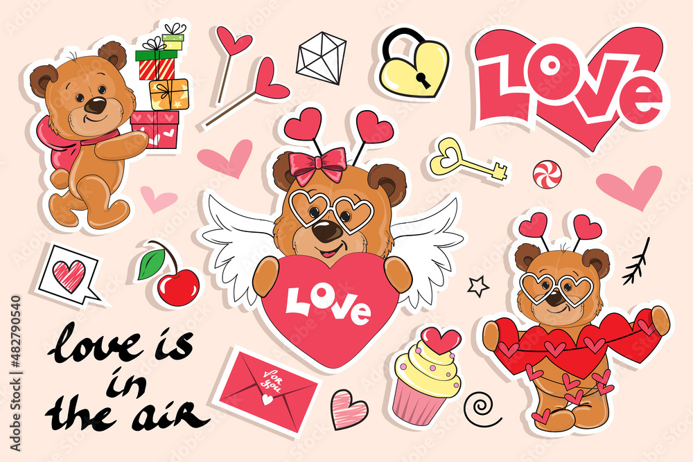 Valentine's day stickers collection with teddy bear, calligraphy ...