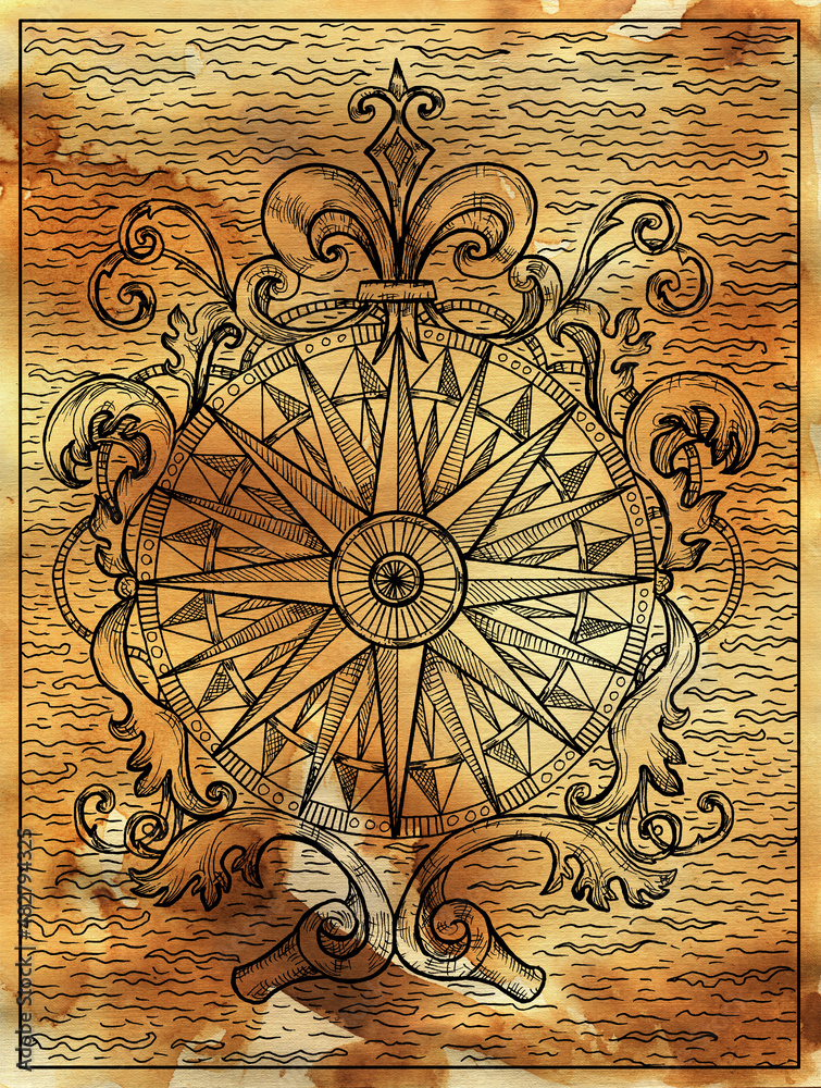 Old paper textured illustration of compass or wind rose decorated with ...