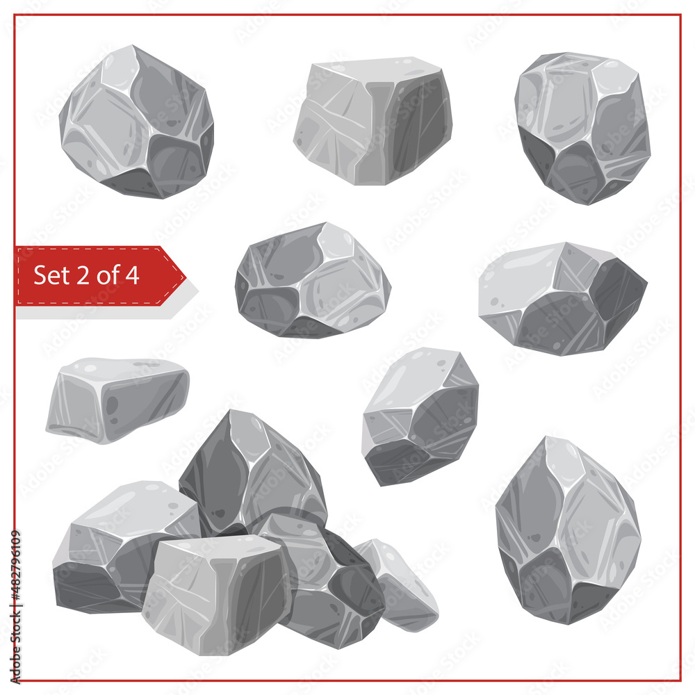 set of gray granite stones, rocks or boulders isolated on white ...