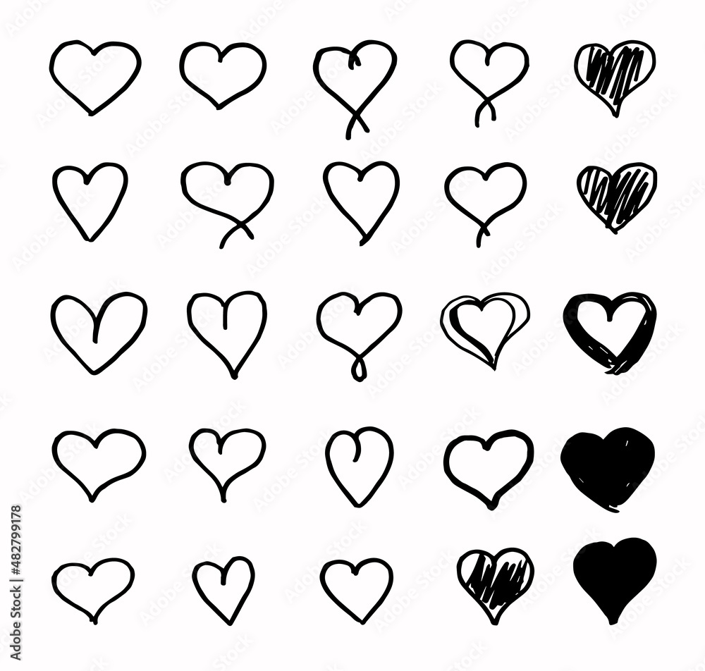 set of hand-drawn hearts with a pen. Isolated vector illustrations on a ...