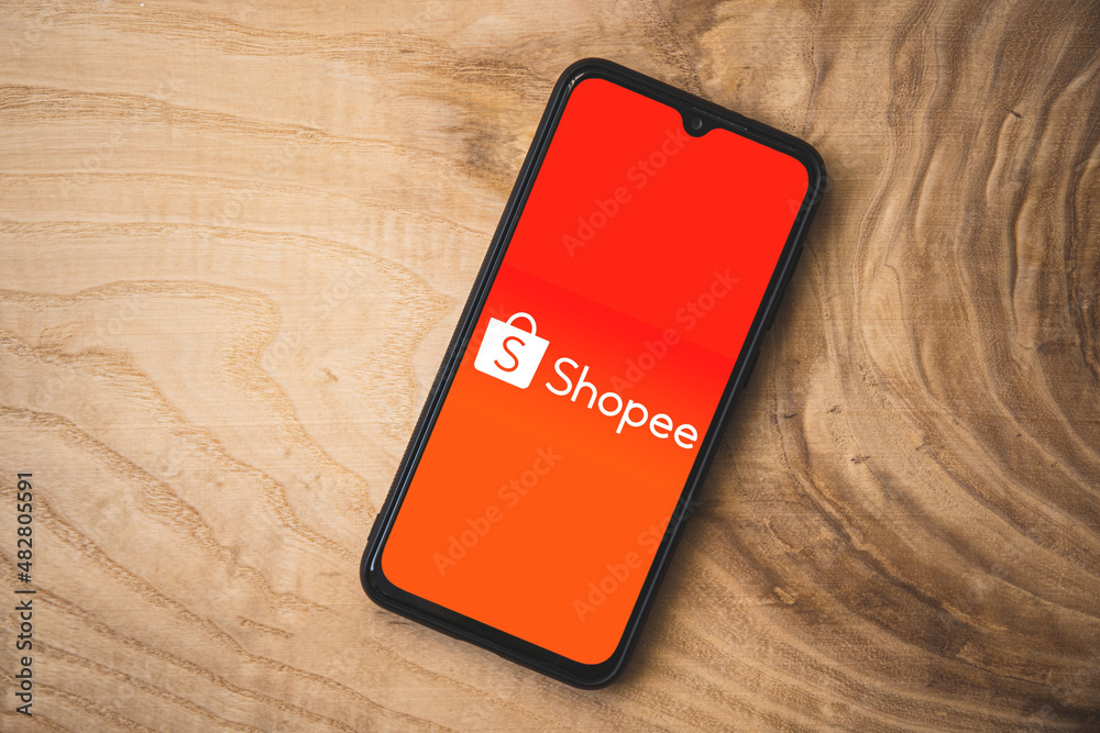 Shopee application on smartphone. Top angle shot. Shopee a Singaporean ...