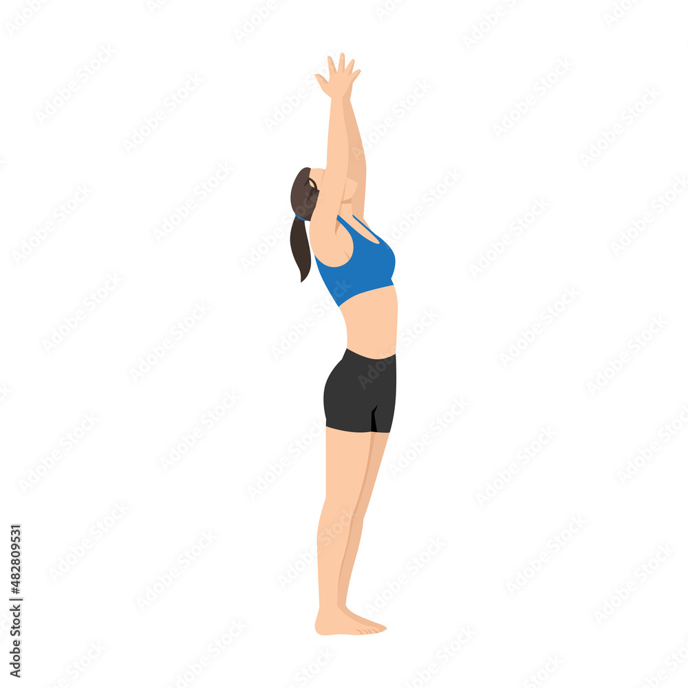 Woman doing Upward salute pose urdhva hastasana exercise. Flat vector ...