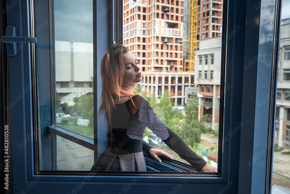 beautiful lady woman in dress posing beautifully in a photo studio with ...