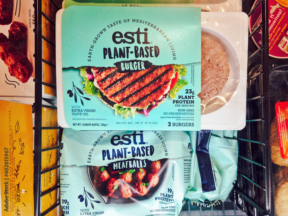 Foto de plant based vegan meat on sale at supermarket. Store interior ...