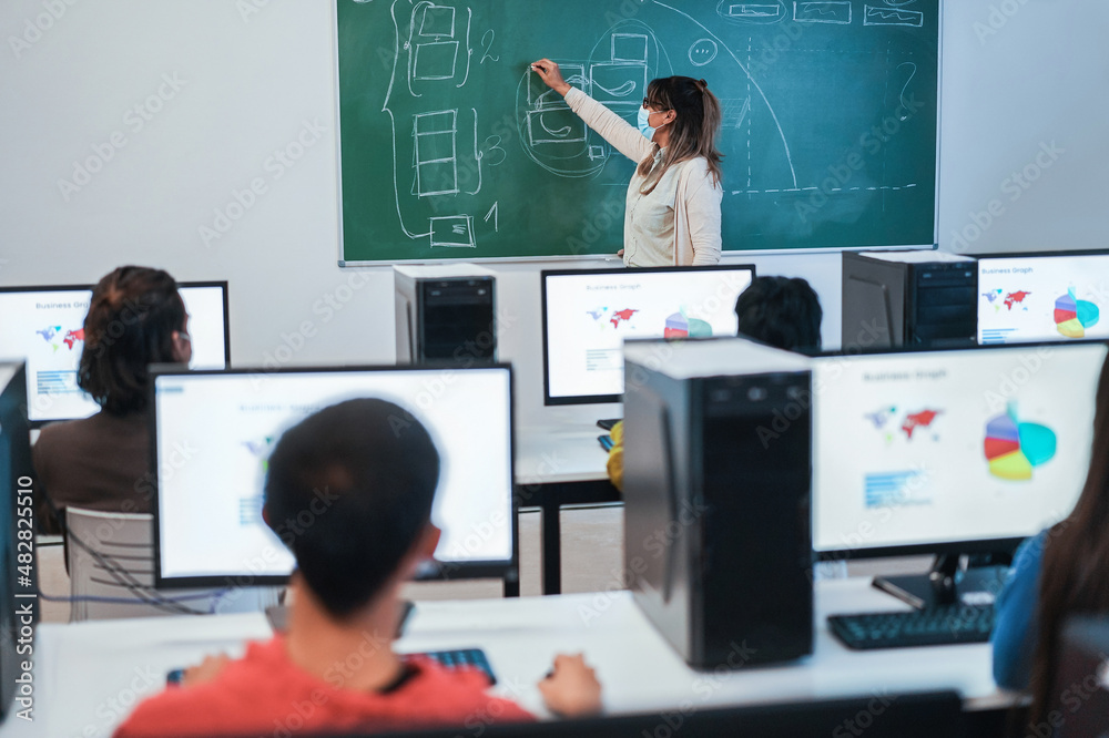 Multiracial students using computers during business class wearing ...