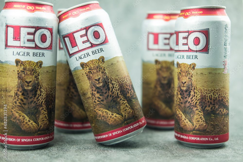 Samut Prakan, Thailand - January 26, 2022 : New design cans of Leo beer ...