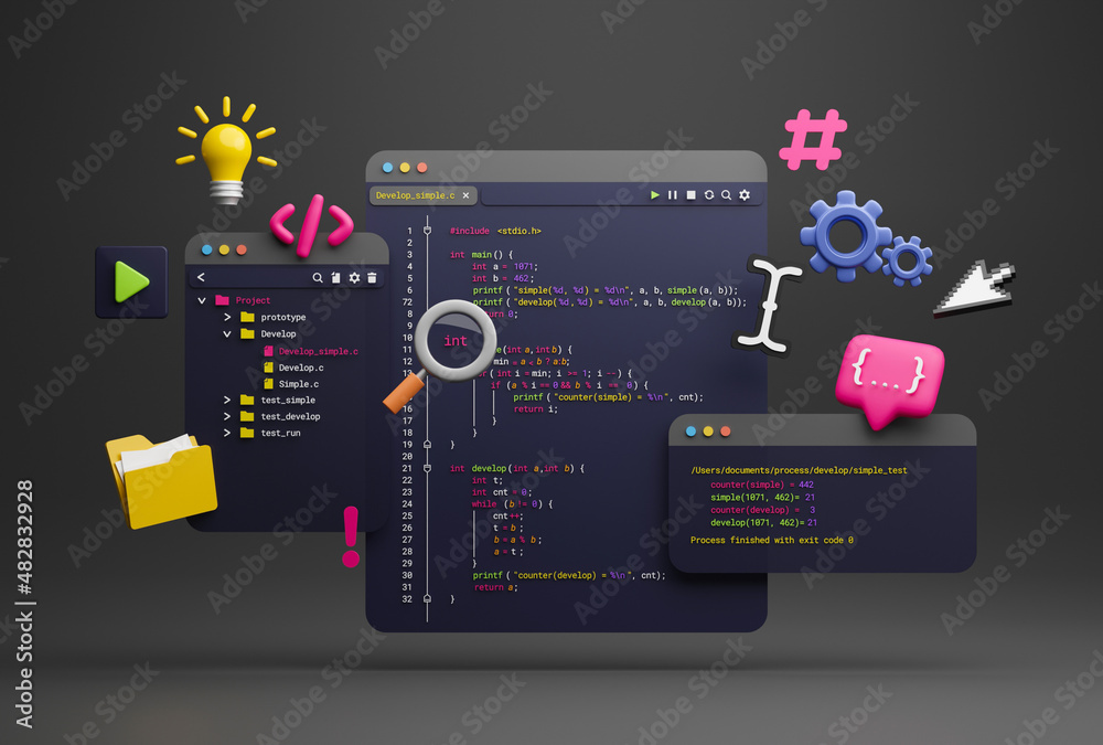 Programmer developer typing script source languages coding symbols icon development project data ...