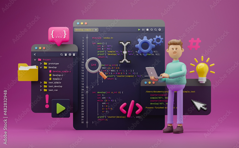 Programmer developer typing script source languages coding symbols icon development project data ...