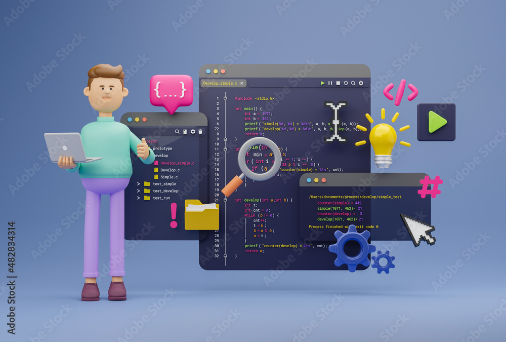 Programmer developer typing script source languages coding symbols icon development project data ...