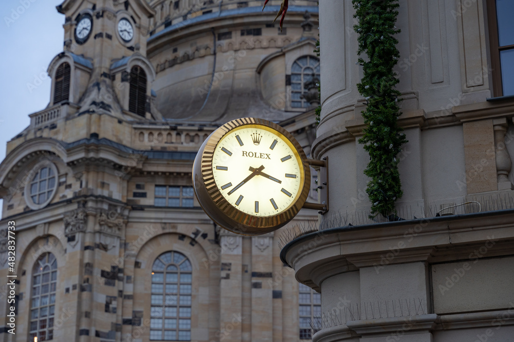 DRESDEN, GERMANY - 19. November 2021: Huge Rolex luxury clock on a ...
