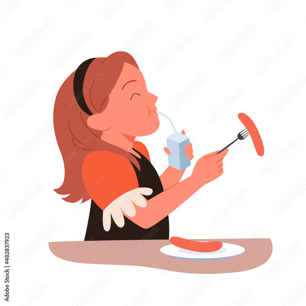 Hungry girl eating sausage for breakfast, lunch or dinner vector ...