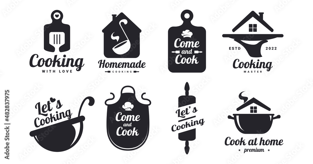 Vetor de Cooking food logo set. Cook quotes label. Kitchen phrases ...