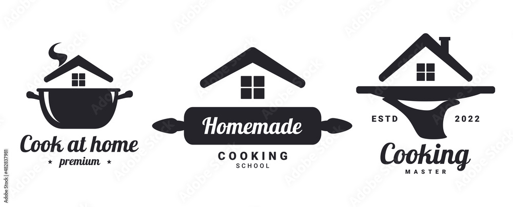 Homemade cooking logos set. kitchen phrases. Home cooking, cooked with ...