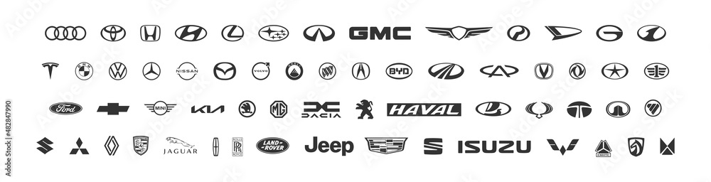 60 popular brands of cars. Set logo of car emblems. Audi, Toyota, Honda ...