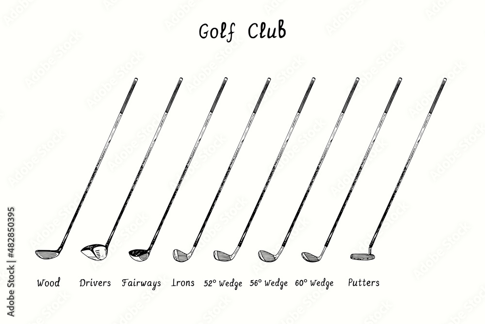 Golf Club types. Wood, Drivers, Fairways, Irons, 52° Wedge, 56° Wedge ...