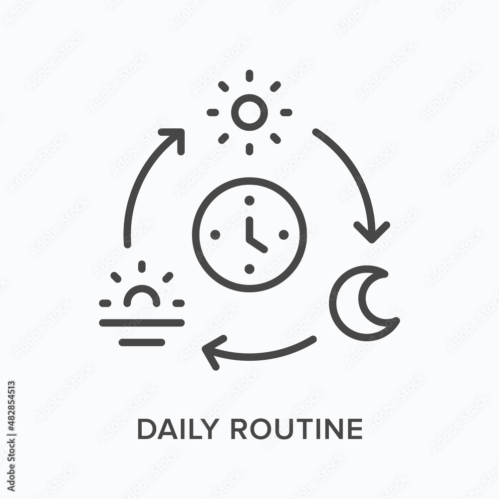 Daily routine flat line icon. Vector outline illustration of sun, moon ...