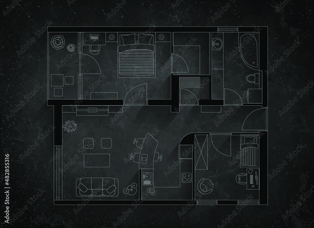 Floor plan of house, on blackboard background with shadows. Stock ...