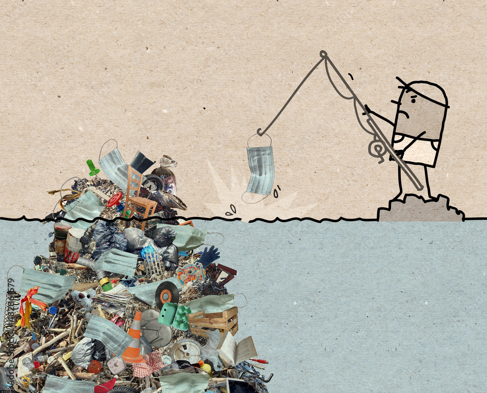 Cartoon man fishing over a big pile of garbage, with disposable Covid ...