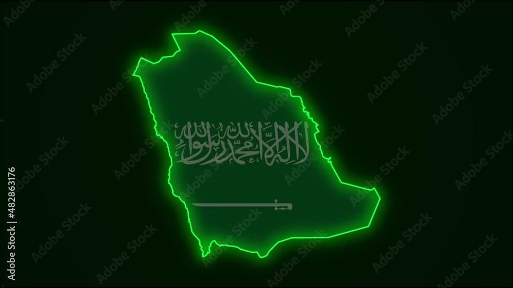 Saudi Arabia Map Outline Country Border on dark green. Neon Lights ...