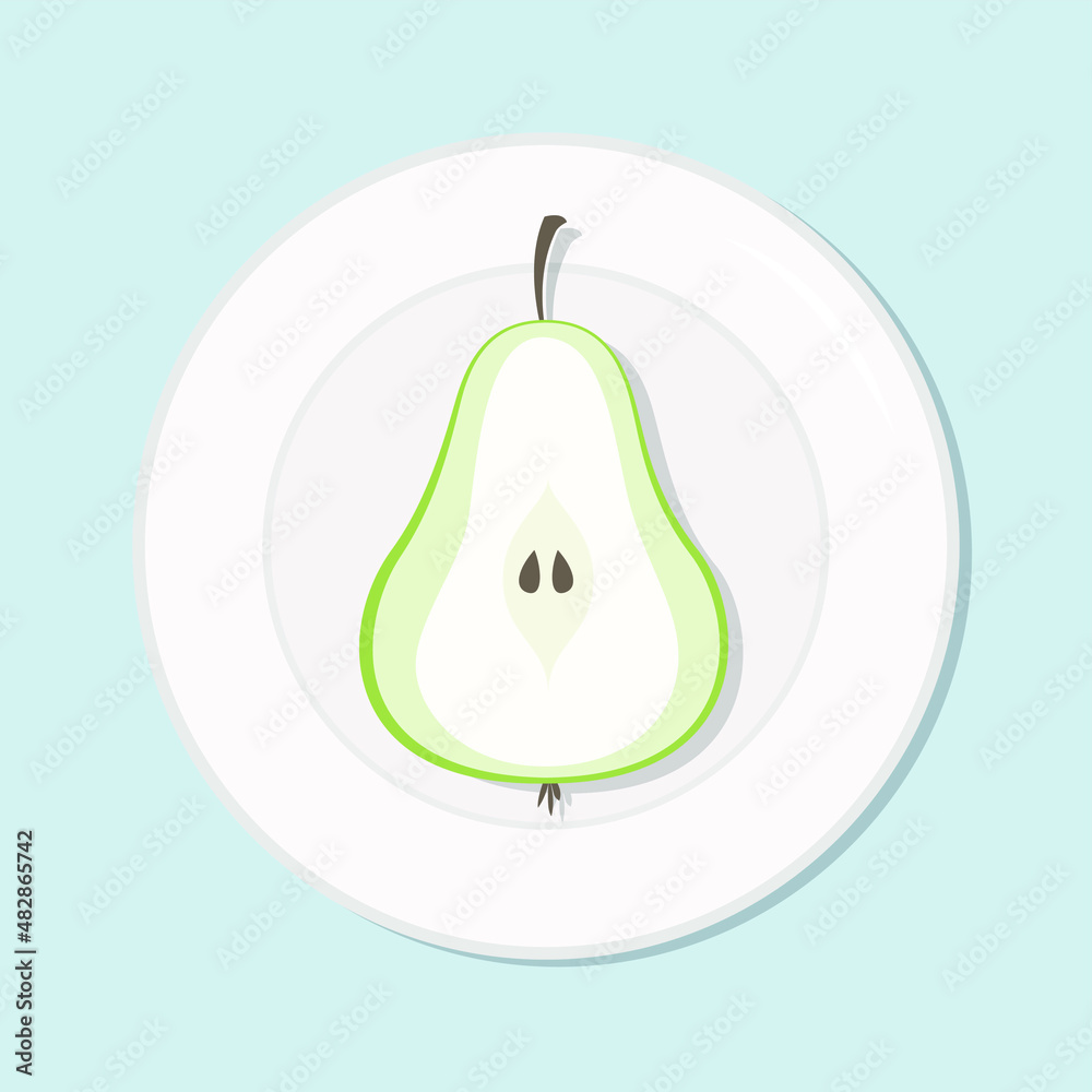 Pear ripe green, cut on half. healthy diet meal on plate. Vector ...