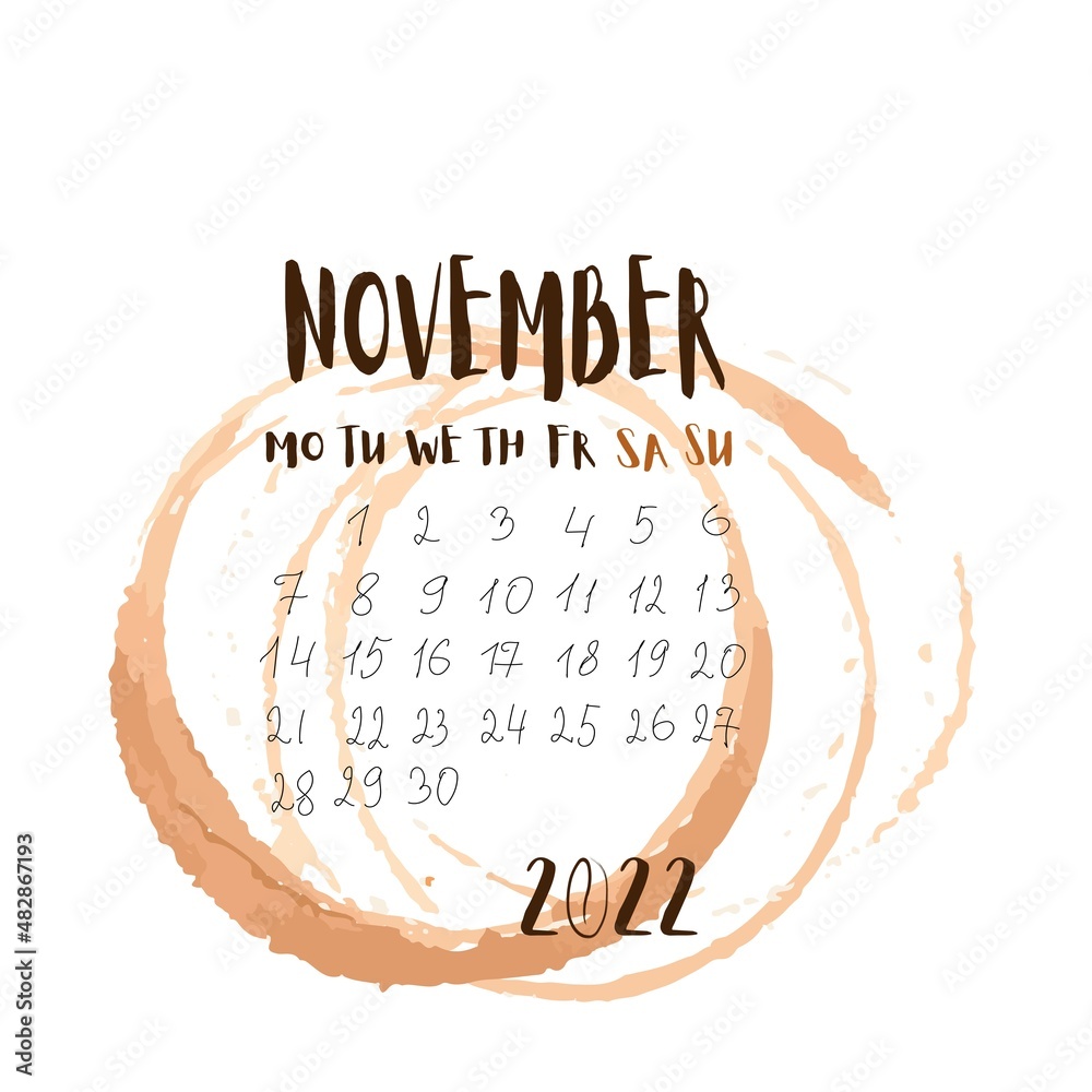 calendar 2022 month november, november page with coffee for tear-off ...