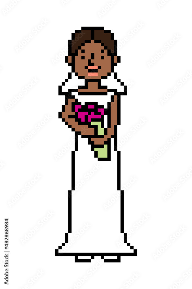 Pixel art happy bride with flowers on a wedding day, 8 bit black girl ...