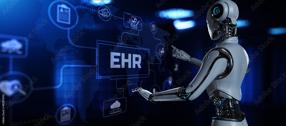 EHR EMR Electronic medical health record RPA automation. Robot pressing ...