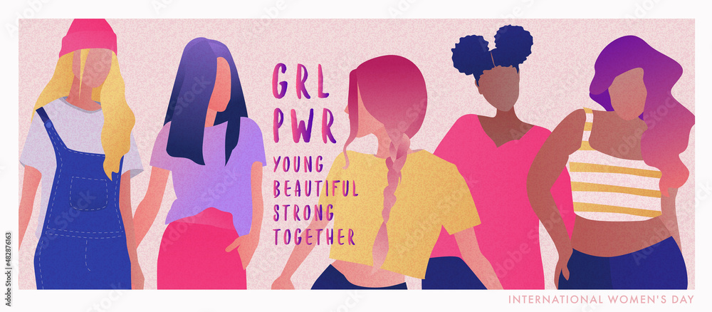 Girl power illustration with young women friends hugging together ...