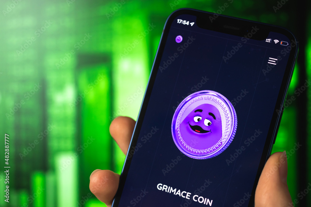 Grimace coin logo green stock chart up. New crypto token, Tesla Elon ...
