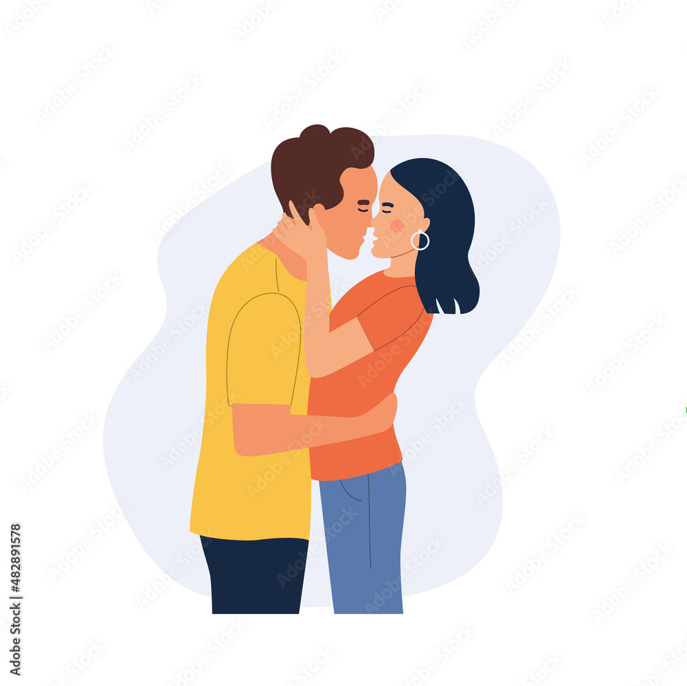 Loving guy and girl kiss. Couple In Love Hugging. Flat style cartoon ...