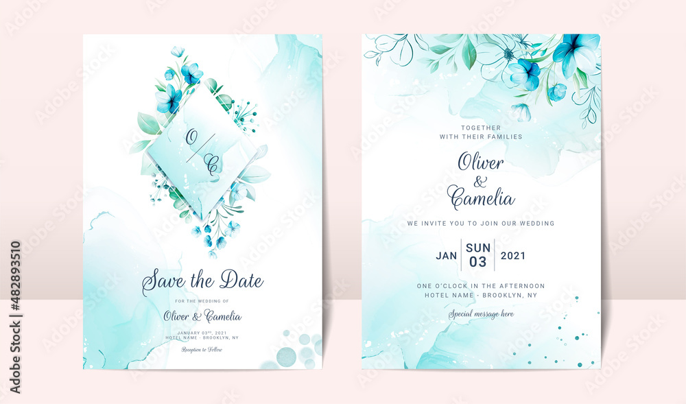 Blue wedding invitation card with watercolor floral decoration and ...