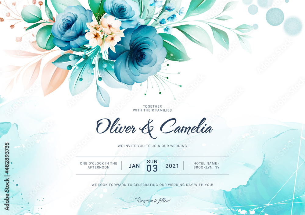 Blue wedding invitation card with watercolor floral decoration and ...