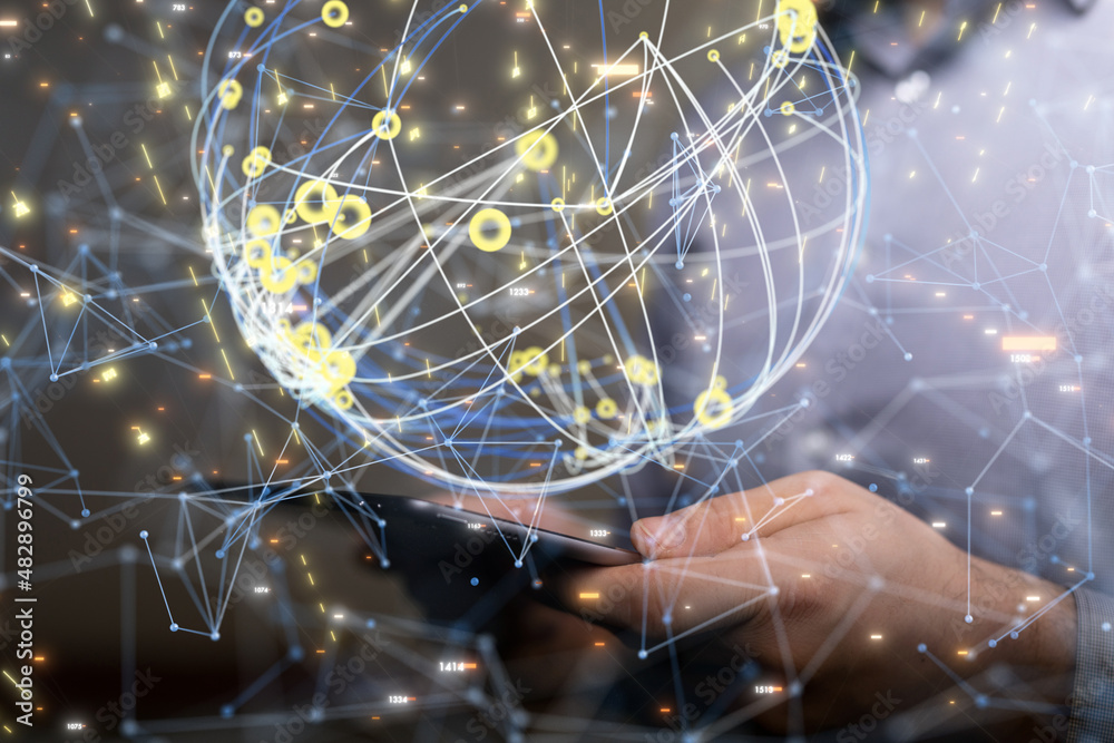 Global network. Blockchain. 3D illustration. Neural networks and ...