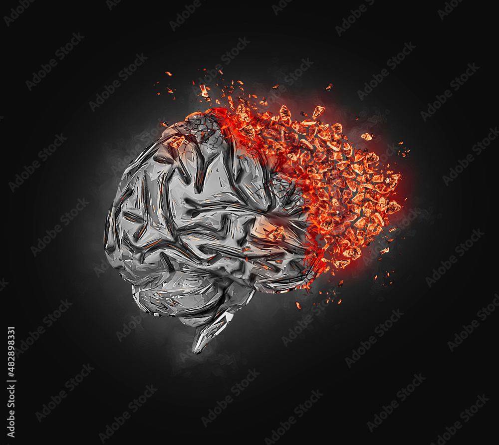 Brain seen in profile, exploded. Explosion, fragments and parts of the ...
