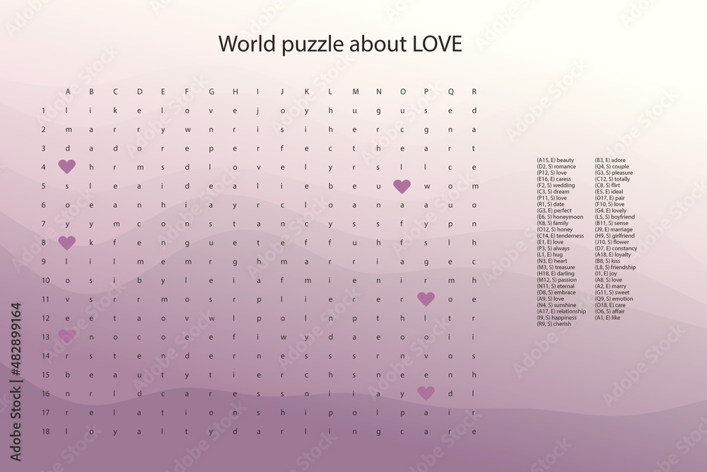 Valentines day word puzzle crossword - find the listed words about love ...