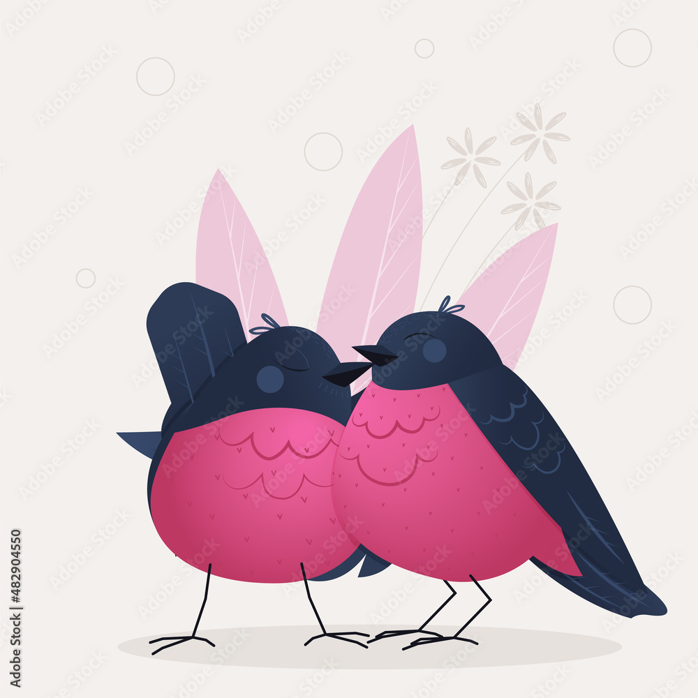Cartoon hand drawn vector illustration of a cute pink robin birds in ...