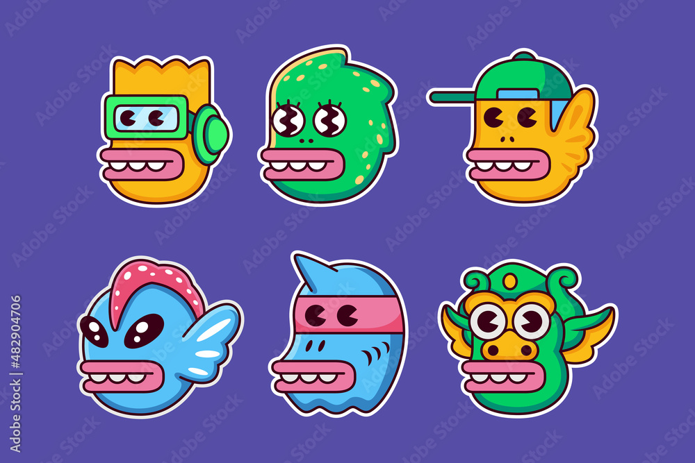 Sticker pack of funny cartoon characters. Vector head illustration ...