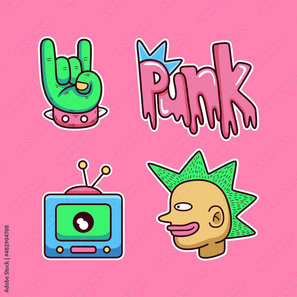 Sticker pack of funny cartoon characters. Vector illustration of metal ...