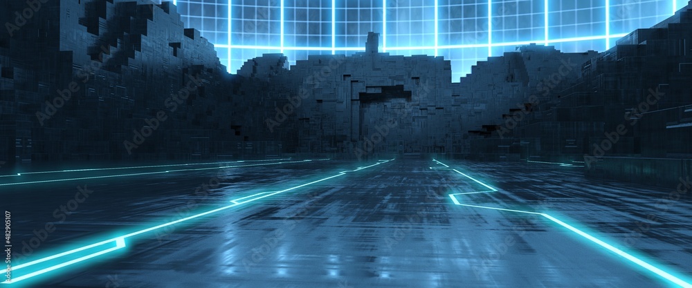 Futuristic Cyber City. Blue Neon Lights. Wet Black Road. Wallpaper in a ...