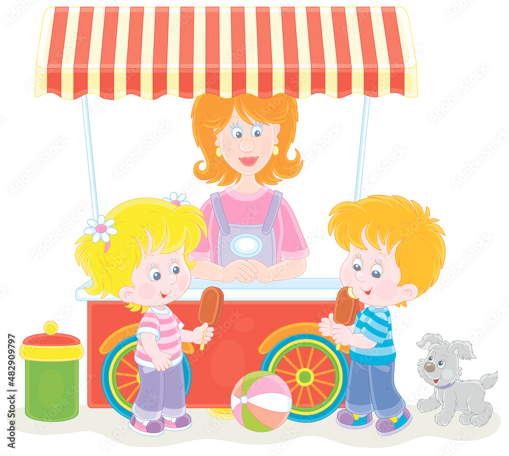 Happy little kids with chocolate ice cream on a stick near a street ice ...