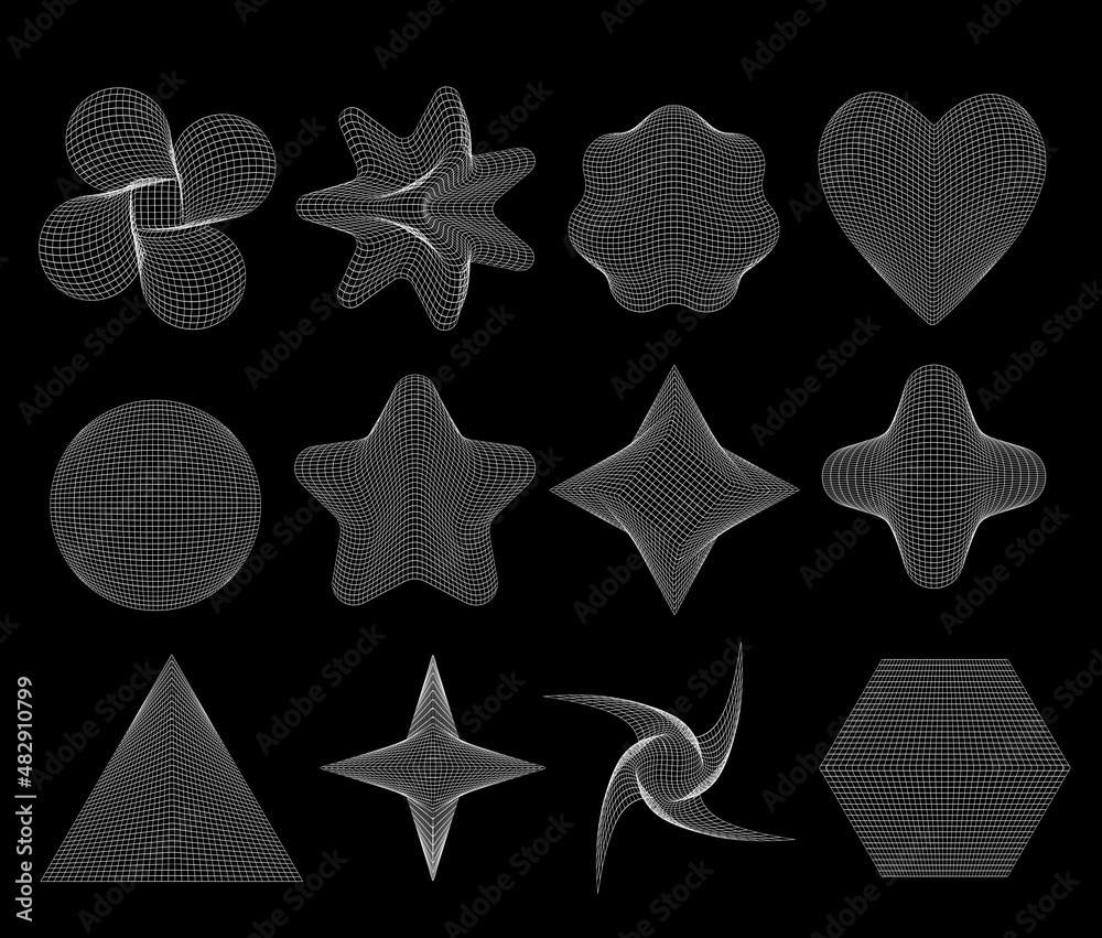 Vecteur Stock 3d wireframe geometric shapes set in different shapes on ...